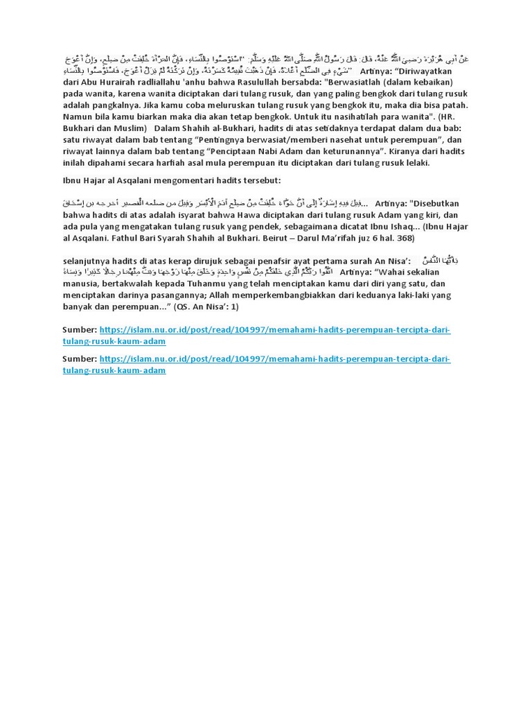 Hadis Sahih Bukhori Wanita Terbuat Dari Tulang Rusuk | PDF