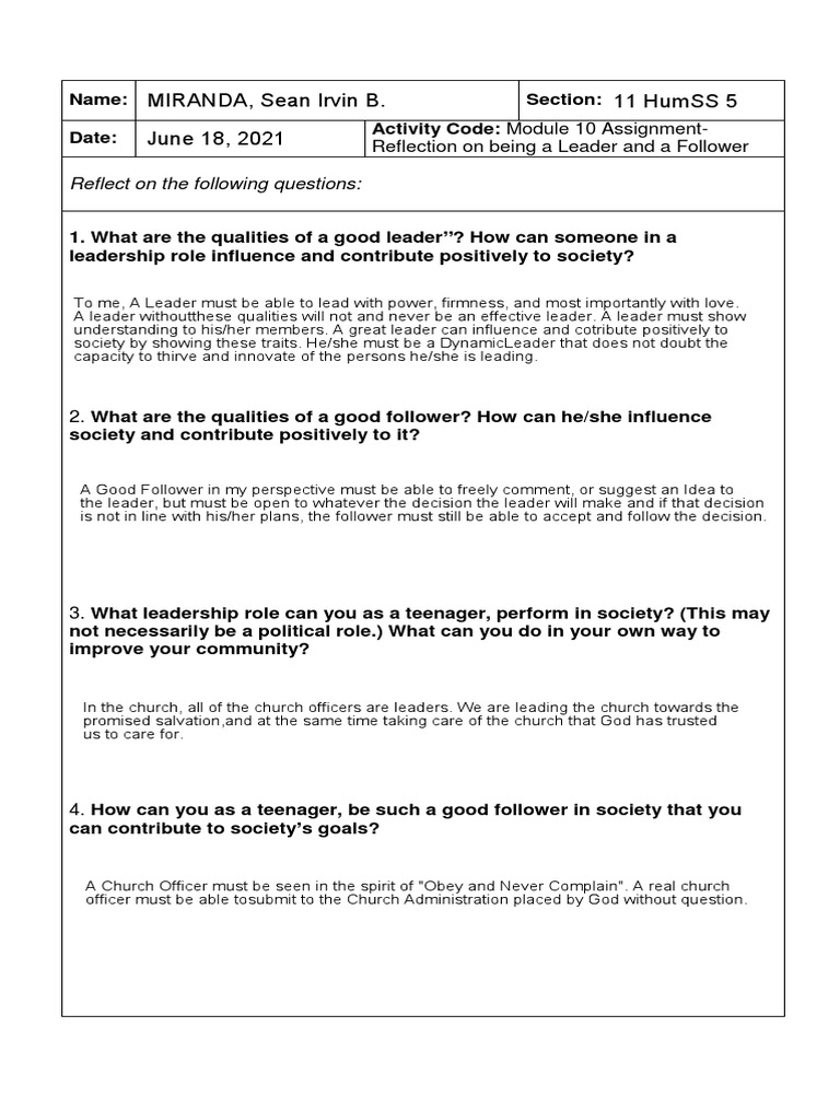 Module 10 Assignment Reflection On Being A Leader and A Follower | PDF