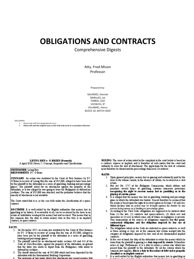 Obligations and Contracts Digests | PDF | Negligence | Attorney's Fee