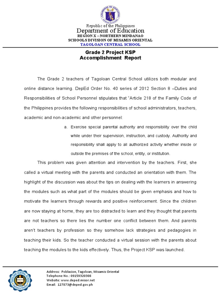 Grade 2 KSP Accomplishment Report | PDF | Teachers | Behavior Modification