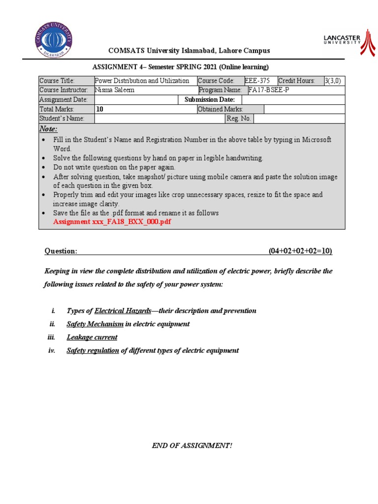 COMSATS University Islamabad, Lahore Campus: ASSIGNMENT 4 - Semester ...