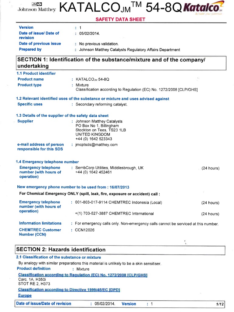 MSDS Katalco 54-8Q | PDF | Firefighting | Personal Protective Equipment