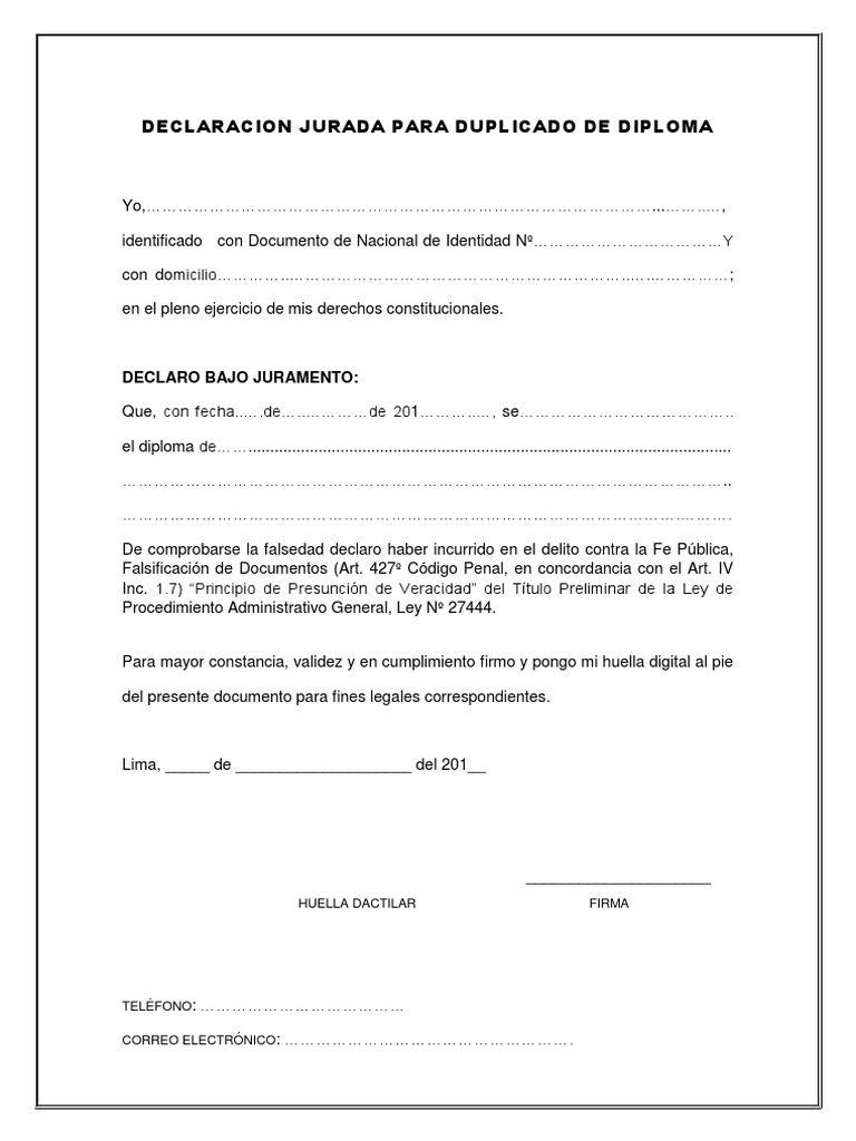 Modelo de Declaracion Jurada de Perdida o Robo de Duplicado de Diploma | PDF | Finanzas y dinero ...