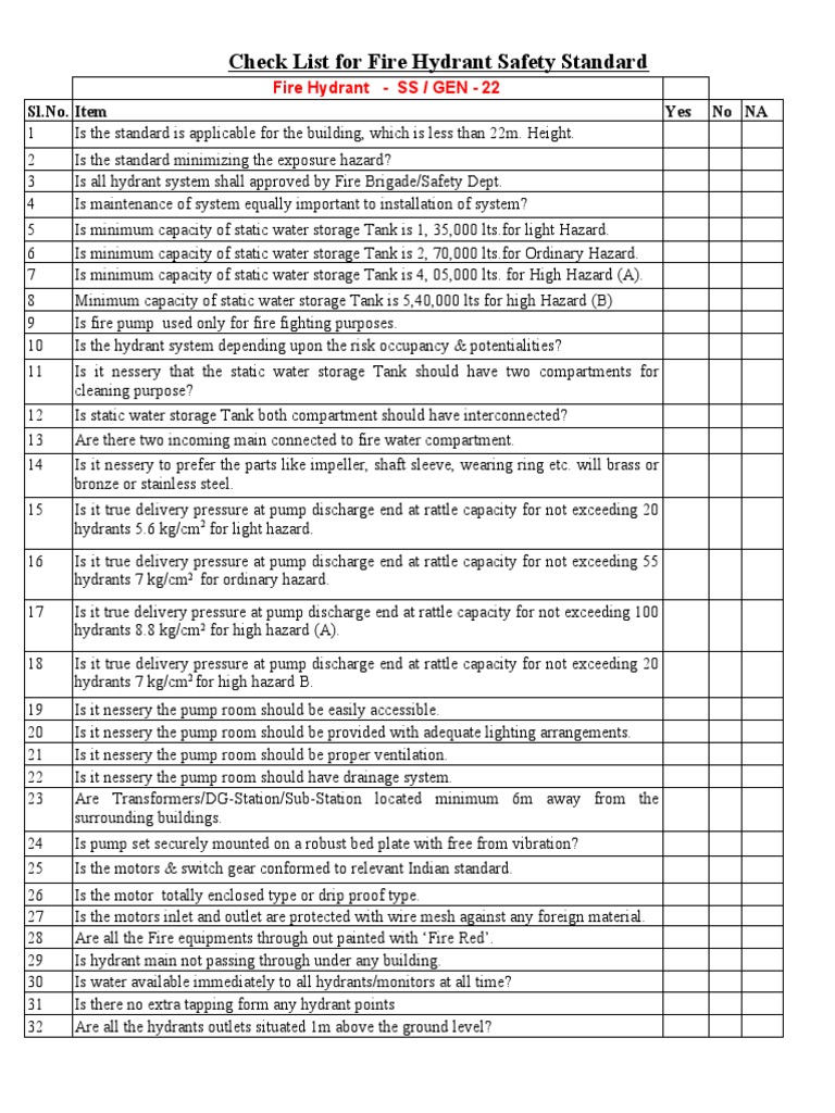 Check List For Fire Hydrant Safety Standard | PDF | Pump | Water