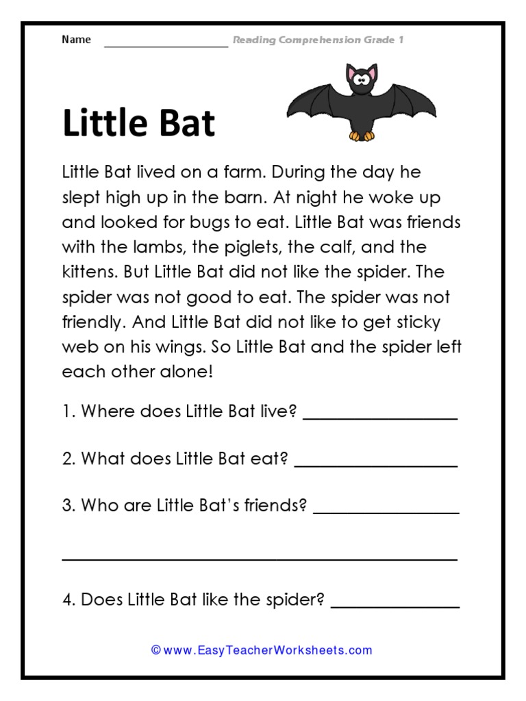 Little Bat: Reading Comprehension Grade 1 | PDF | Home & Garden ...
