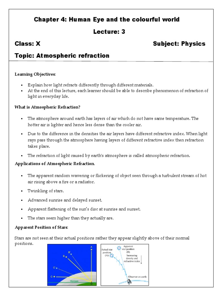 Class X Cha 4 Lecture 3 Atmospheric Refraction | PDF | Atmosphere Of ...