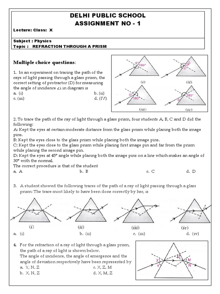 Delhi Public School Assignment No - 1: Multiple Choice Questions | PDF | Prism | Refraction