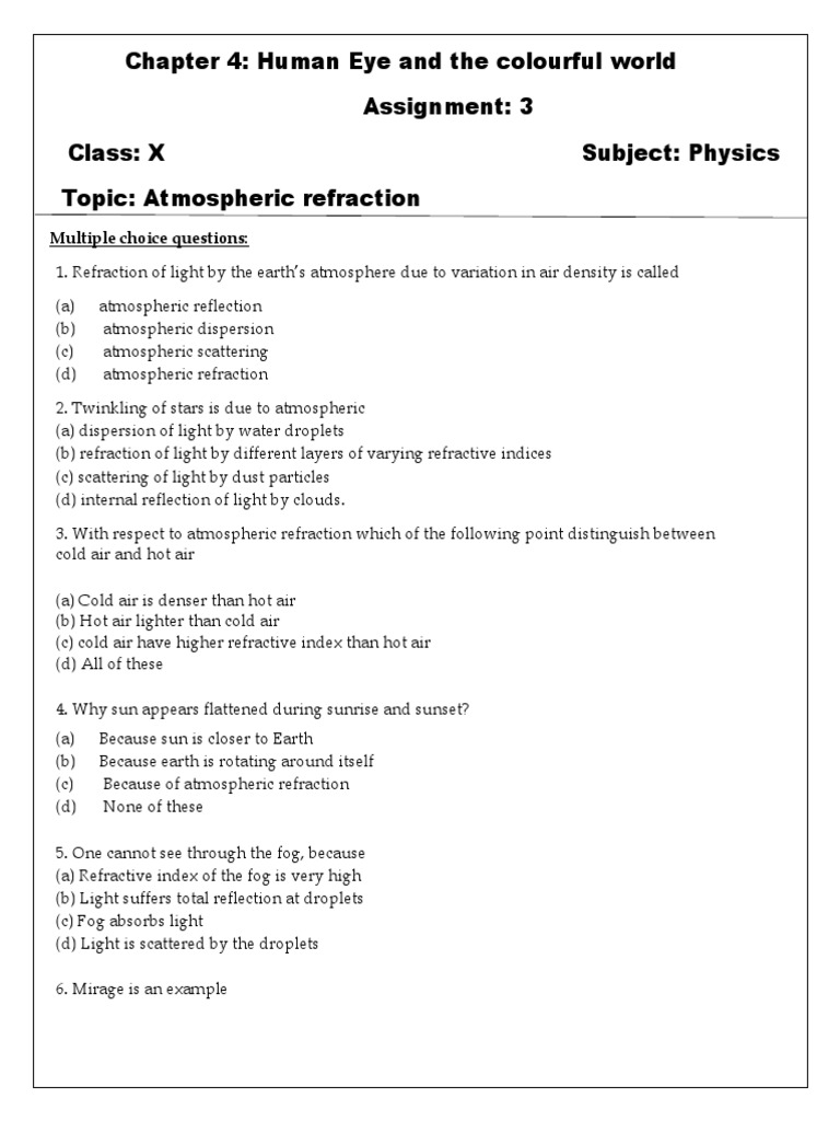 Class X Cha 4 Assignment 3 Atmospheric Refraction | PDF | Sunset ...