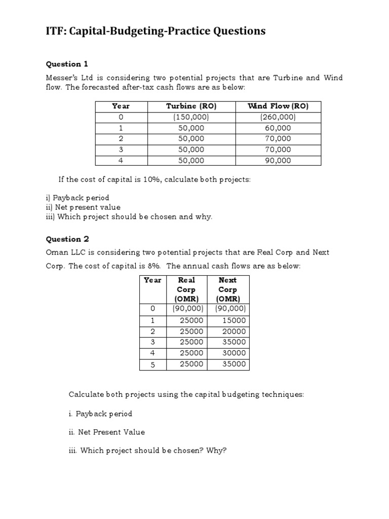 Capital Budgeting Practice Questions | PDF | Capital Budgeting | Net ...