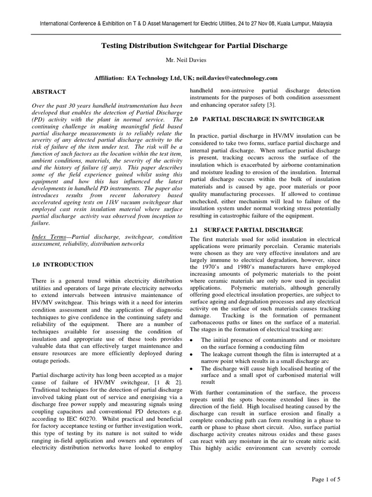 Testing Distribution Switchgear For Partial Discharge | PDF ...