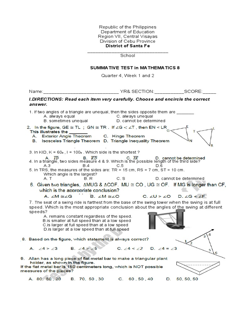 District 4th Quarter 1st Summative Test in Math 8 1 | PDF | Triangle ...