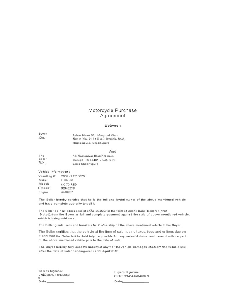 Motorcycle Purchase Agreement Template | PDF