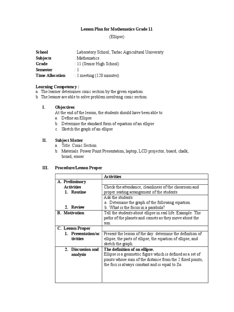 Lesson Plan Ellipse | Download Free PDF | Ellipse | Geometry