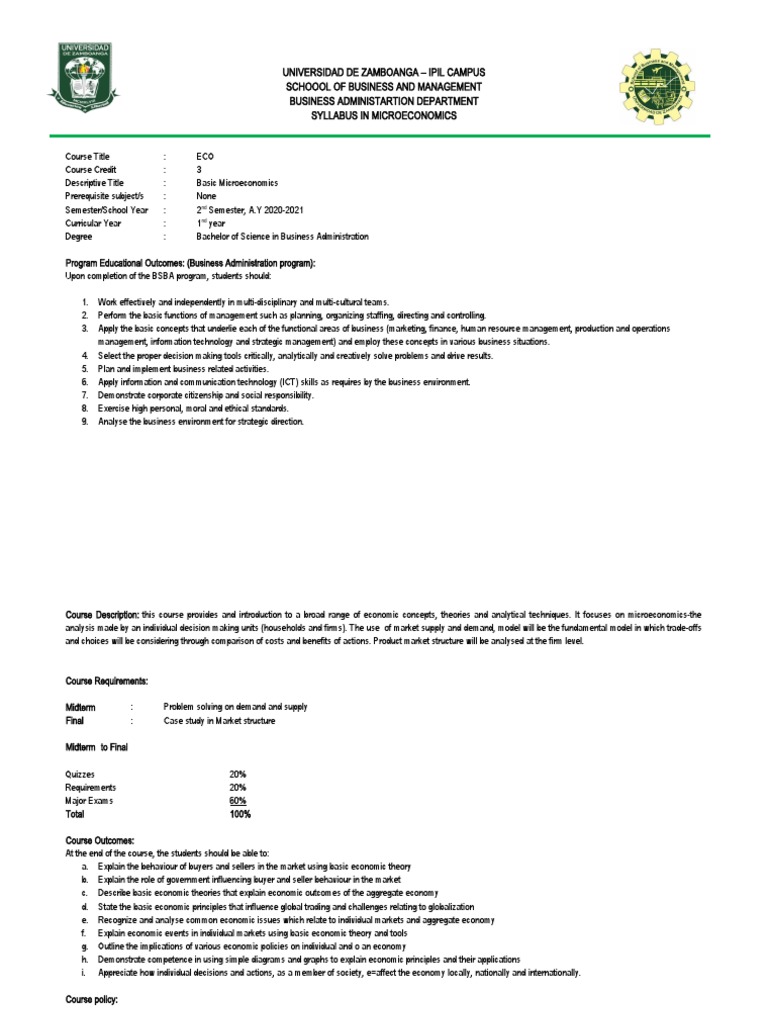 Basic Microeconomics Course Syllabus | PDF | Economics | Profit (Economics)