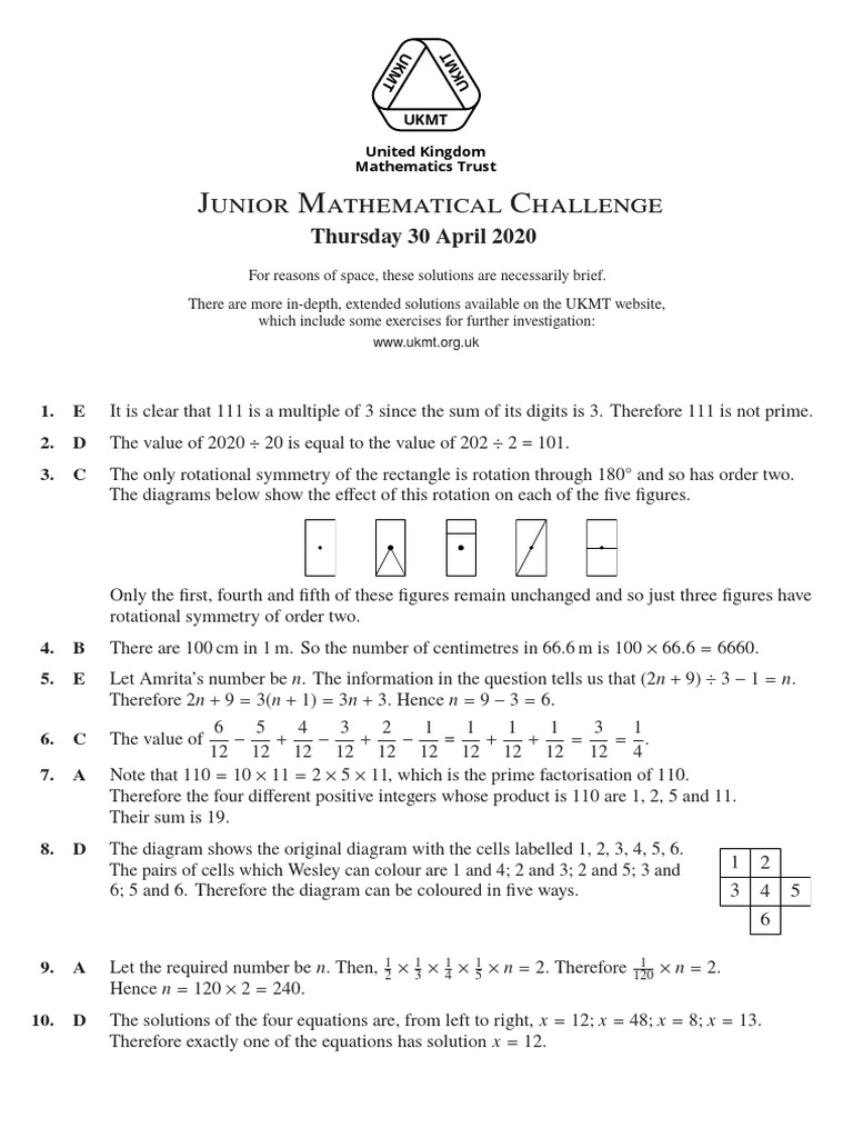 Junior Mathematical Challenge: Thursday 30 April 2020 | PDF | Triangle ...