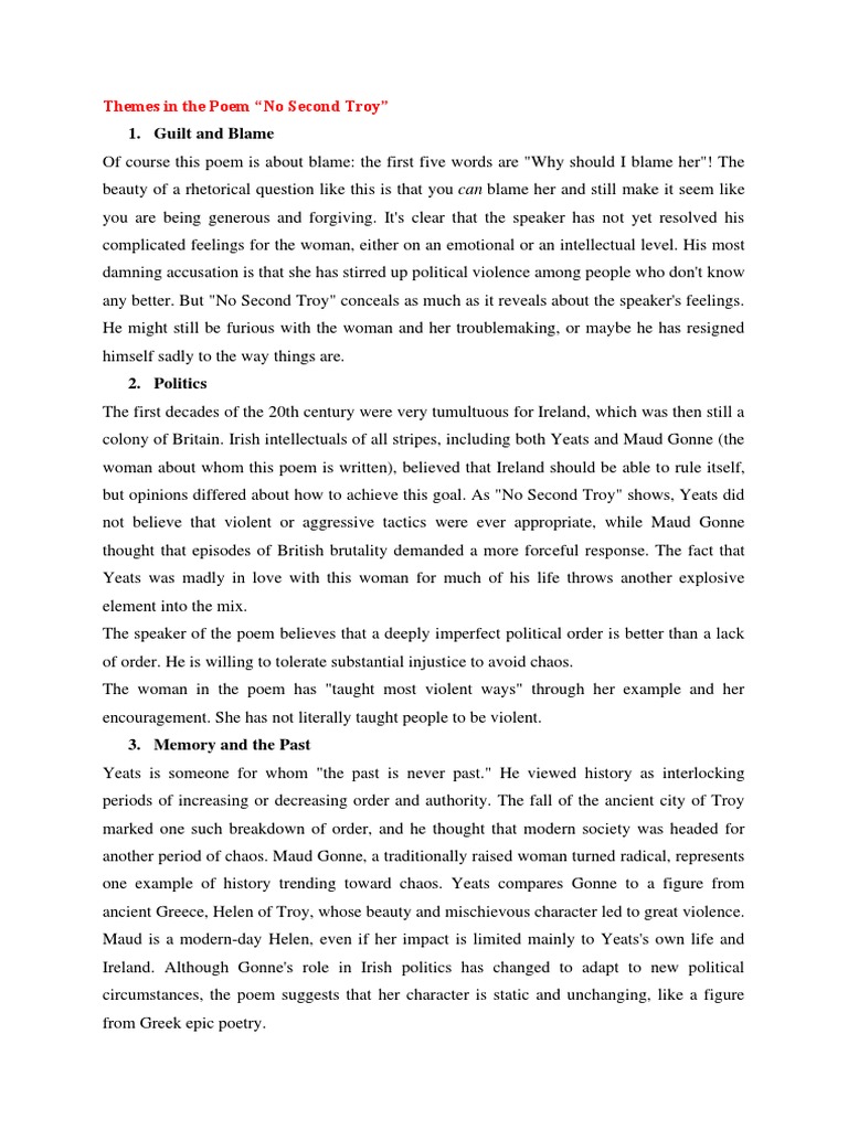 Themes in The Poem No Second Troy | PDF