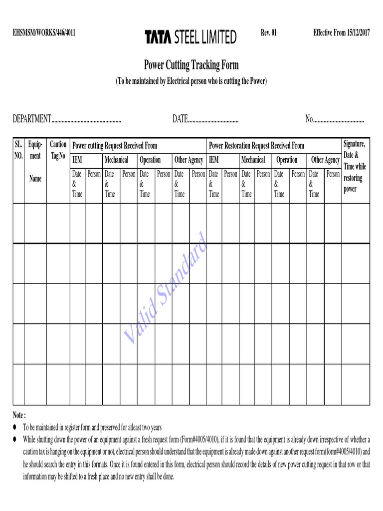Valid Standard: Power Cutting Tracking Form | PDF | Business
