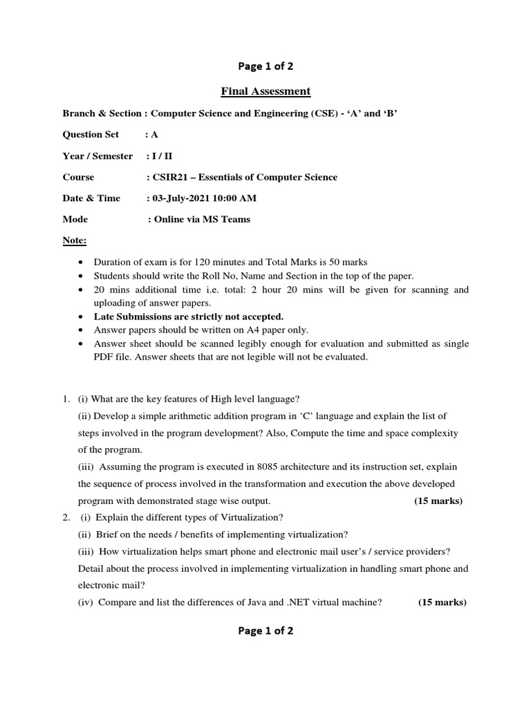 Final Exam Question Paper Set1 | PDF
