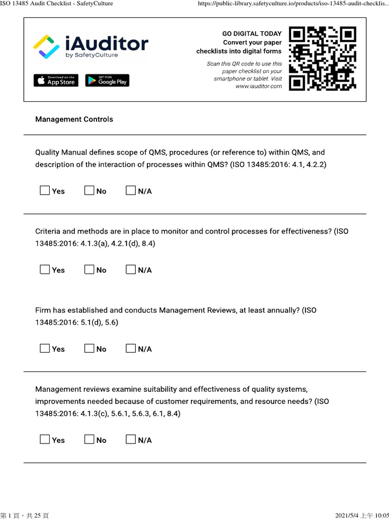 ISO 13485 Audit Checklist - SafetyCulture | PDF