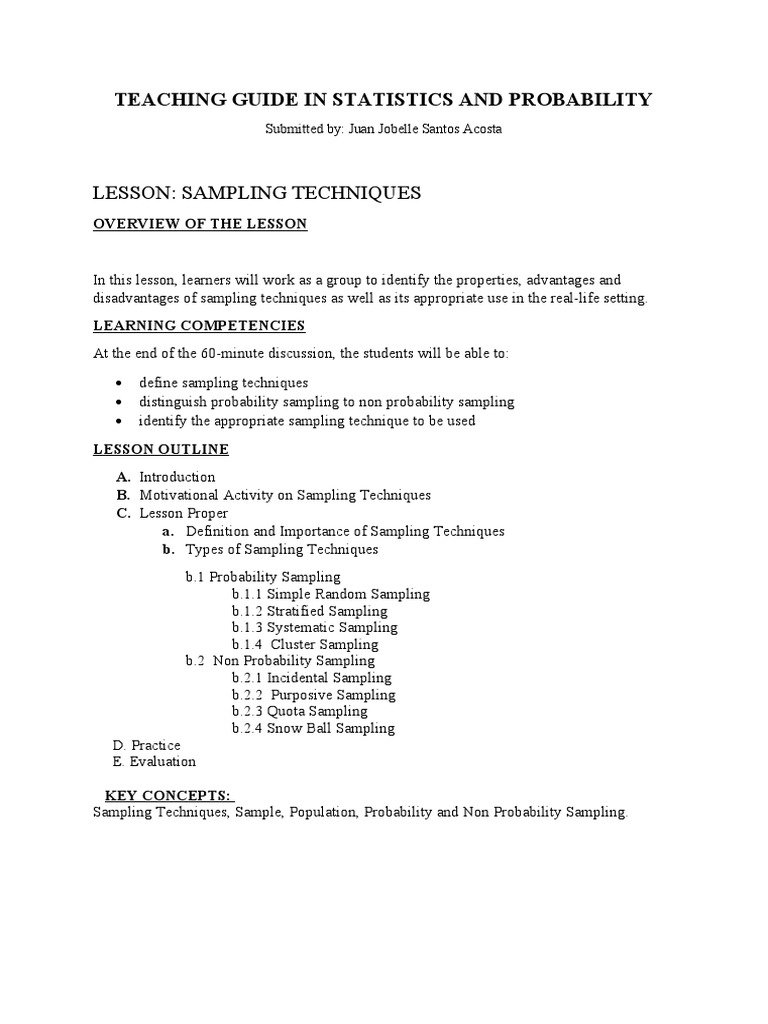 Lesson: Sampling Techniques: Teaching Guide in Statistics and ...