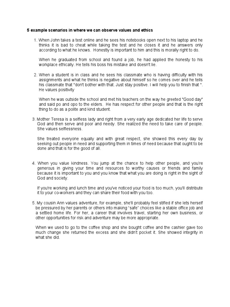 5 Example Scenarios in Where We Can Observe Values and Ethics | PDF ...