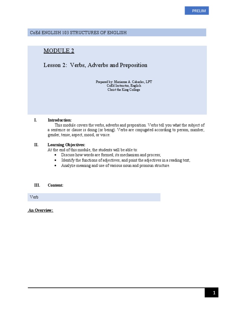 English 103: Verbs, Adverbs, Prepositions | PDF | Verb | English Language