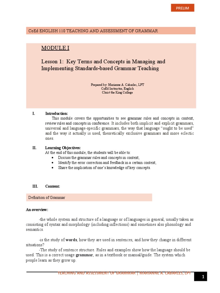 Module 1 English 110 Teaching and Assessment of Grammar | PDF | Phrase ...