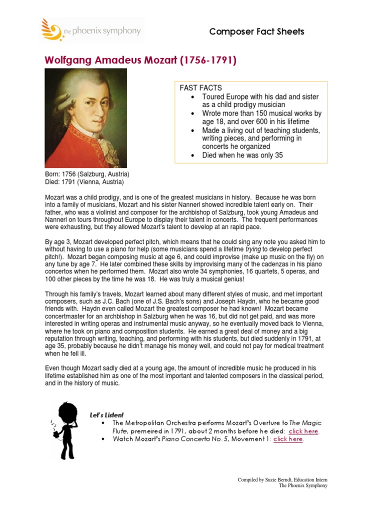 Wolfgang Amadeus Mozart (1756-1791) : Composer Fact Sheets | PDF ...
