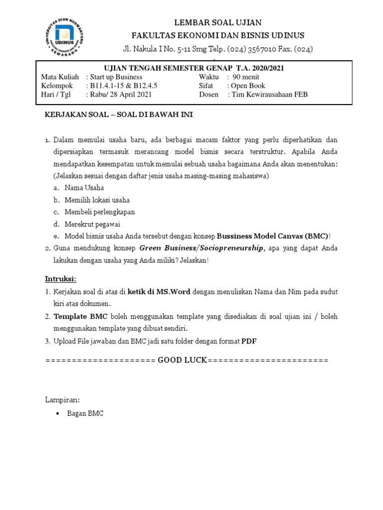 Soal Uts Startup Business Genap 2020 | PDF