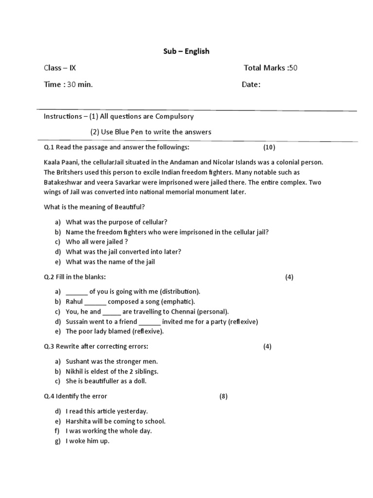 Pre Test Question Paper | PDF