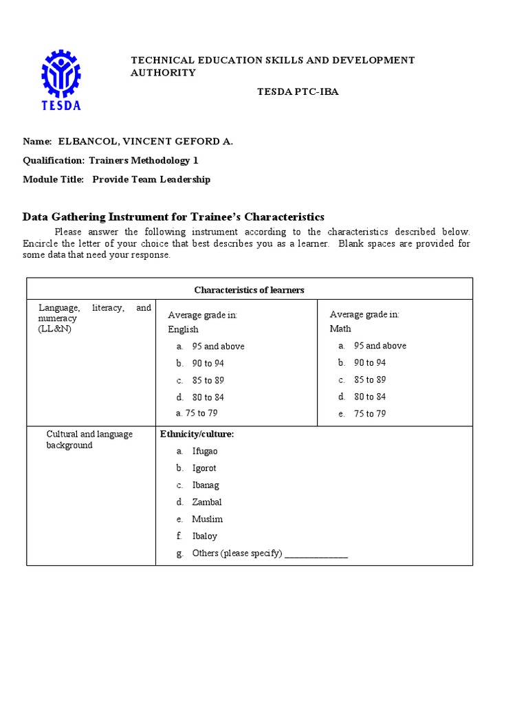 Data Gathering Instrument For Trainee's Characteristics | PDF ...