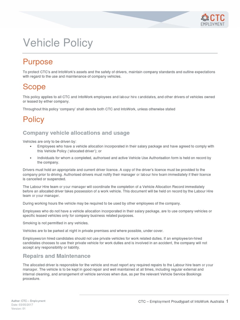 Company Employee Vehicle Policy Template | PDF | Vehicles | Driver's ...