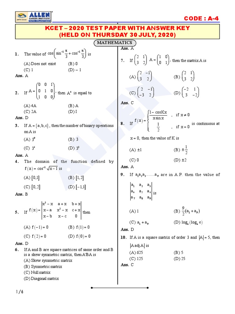 KCET 2020 Maths Paper With Answer | PDF | Sine | Matrix (Mathematics)