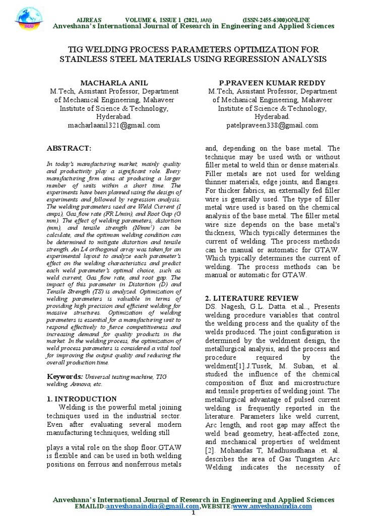 Tig Welding Process Parameters Optimization For Stainless Steel Materials Using Regression ...