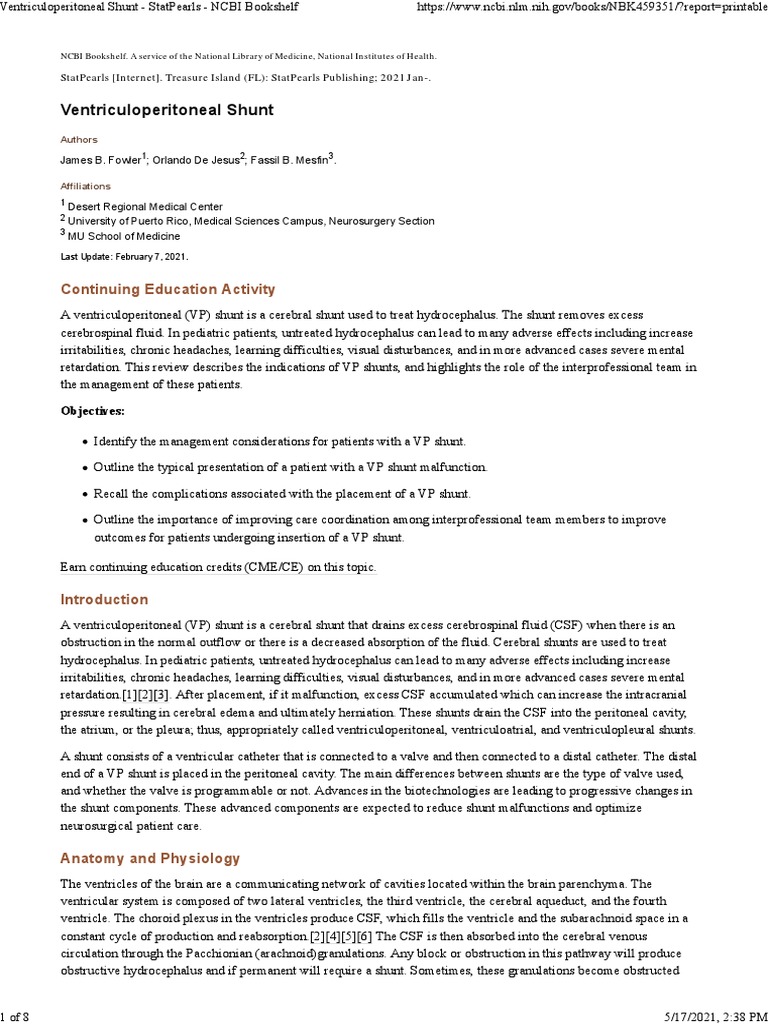 Ventriculoperitoneal Shunt - StatPearls - NCBI Bookshelf 2 | PDF ...