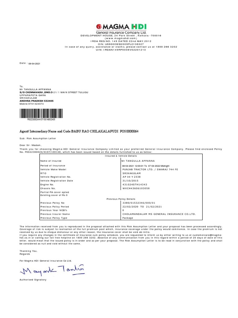 Agent/ Intermediary Name and Code:BABU RAO CHILAKALAPUDI POS0000064 ...