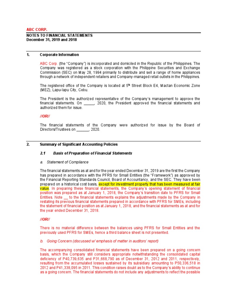 2020 - PFRS For SEs Notes | PDF | Going Concern | Equity (Finance)