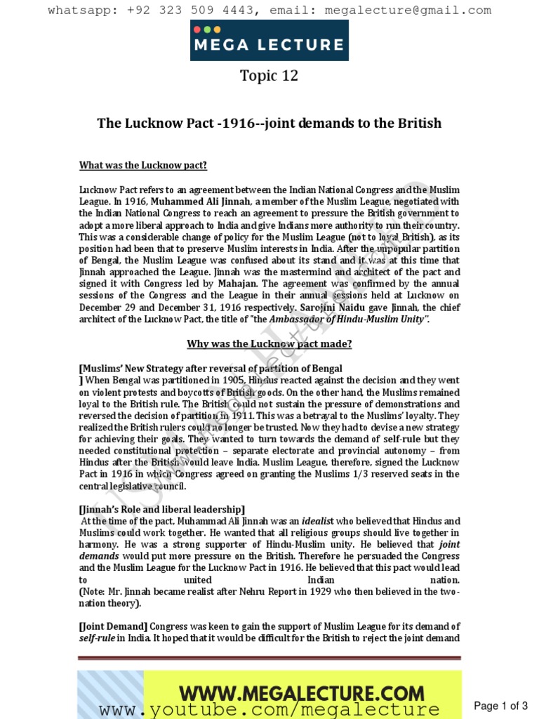 Topic 12: The Lucknow Pact - 1916 - Joint Demands To The British | PDF ...