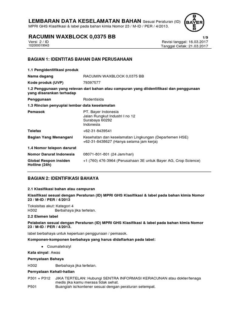 MSDS Racumin Waxblock 0,0375 BB Id | PDF