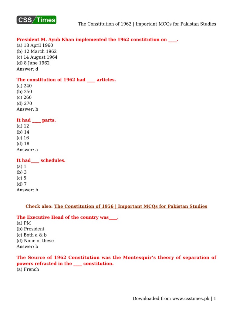 The Constitution of 1962 - Important MCQs For Pakistan Studies | PDF | Constitutional Law ...
