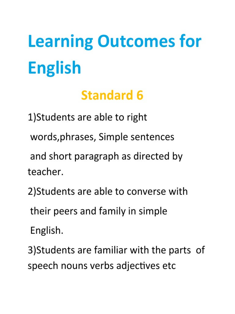 Learning Outcomes For English: Standard 6 | PDF | Language Arts ...