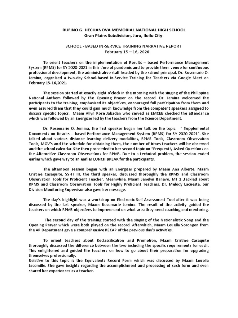 INSET Narrative Report 2021 (AutoRecovered) | PDF | Teaching | Behavior ...