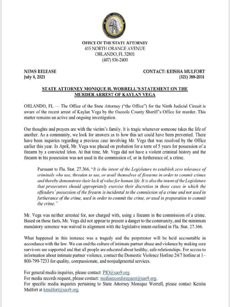 Statement From State Attorney's Office On Arrest of Kaylan Vega | PDF