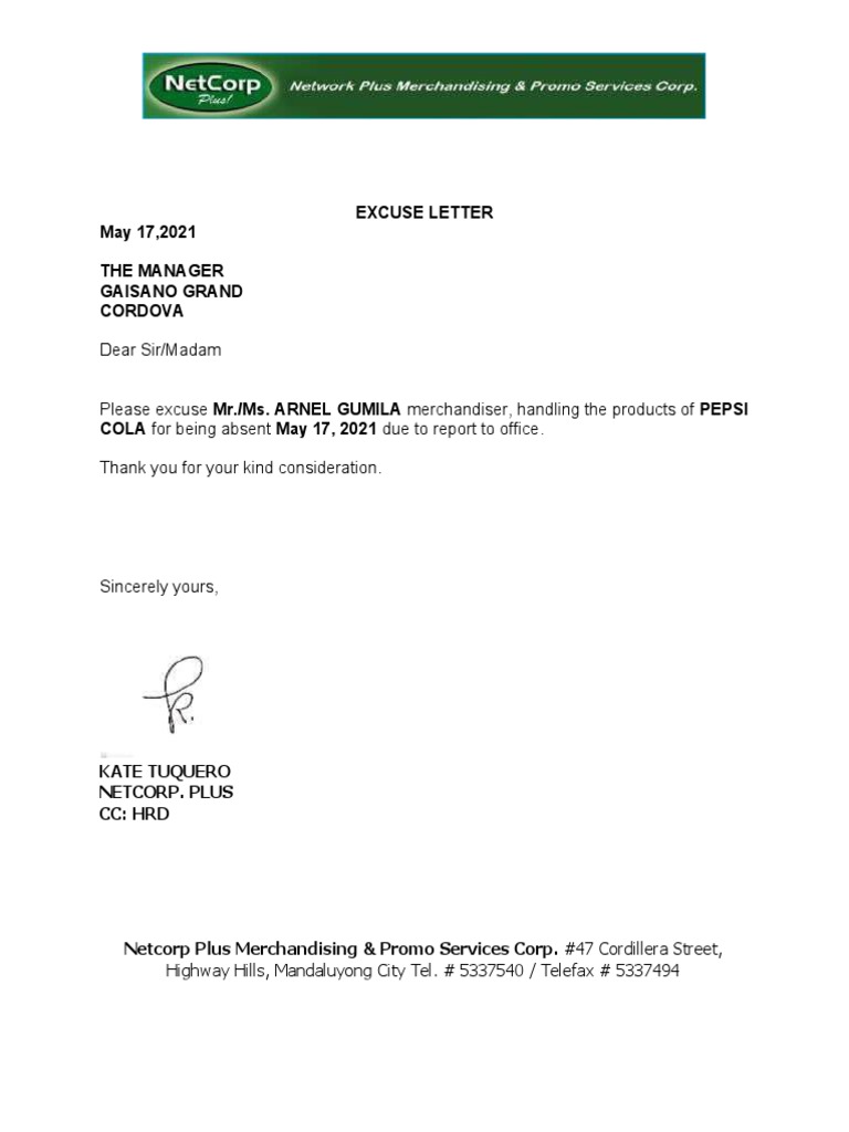 Excuse Letter for Absence on May 17 | PDF | Business