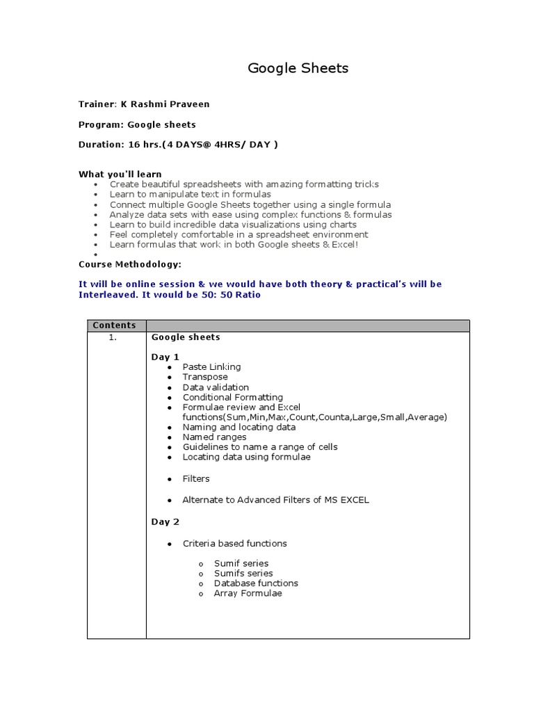 Advance - Google Sheets - Course Outline | PDF