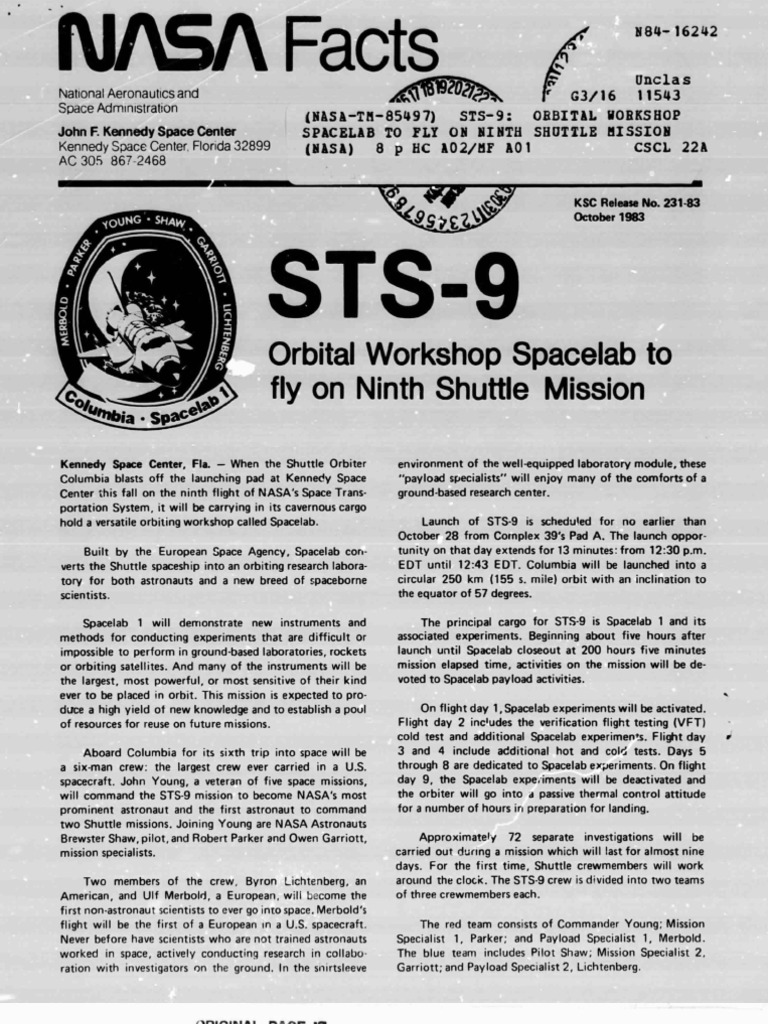 NASA Facts STS-9 Orbital Workshop Spacelab To Fly On Ninth Shuttle ...