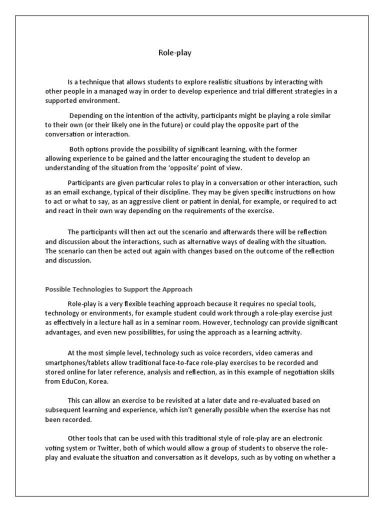 Role-Play: Possible Technologies To Support The Approach | PDF ...