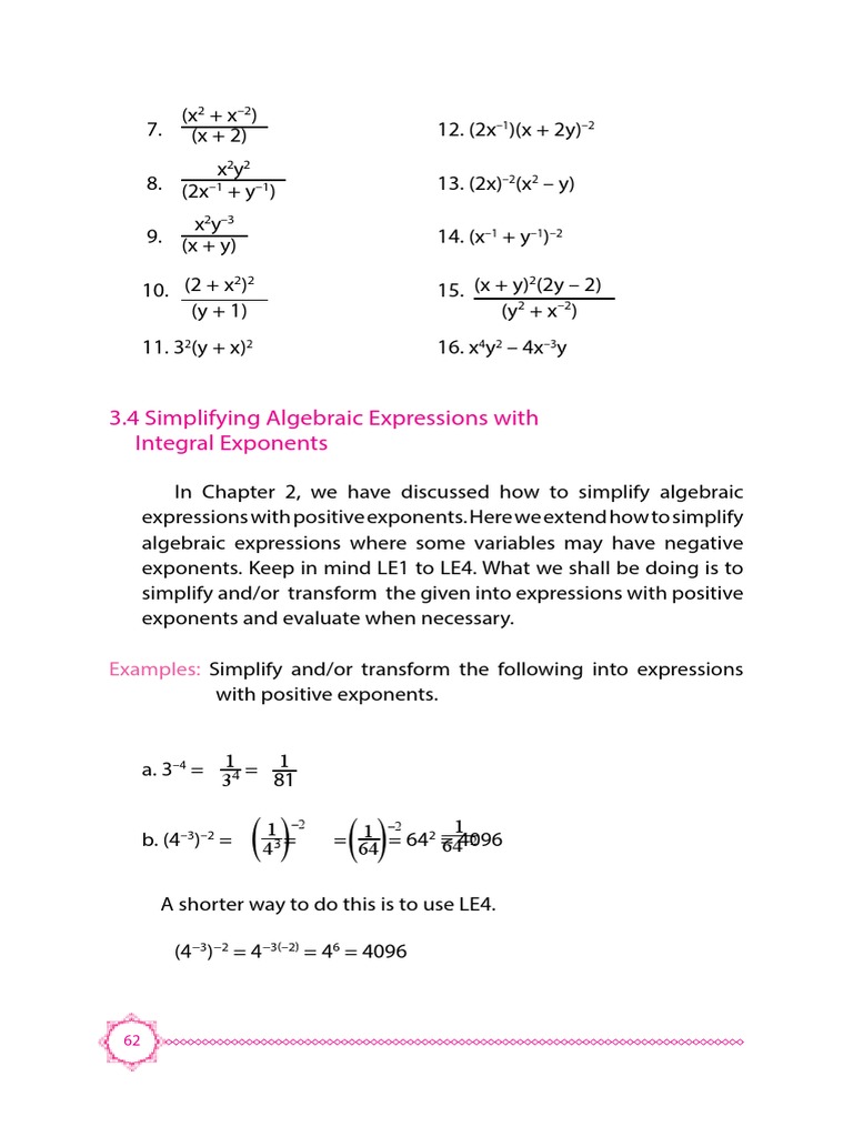 3.4 Simplifying Algebraic Expressions With Integral Exponents | PDF ...
