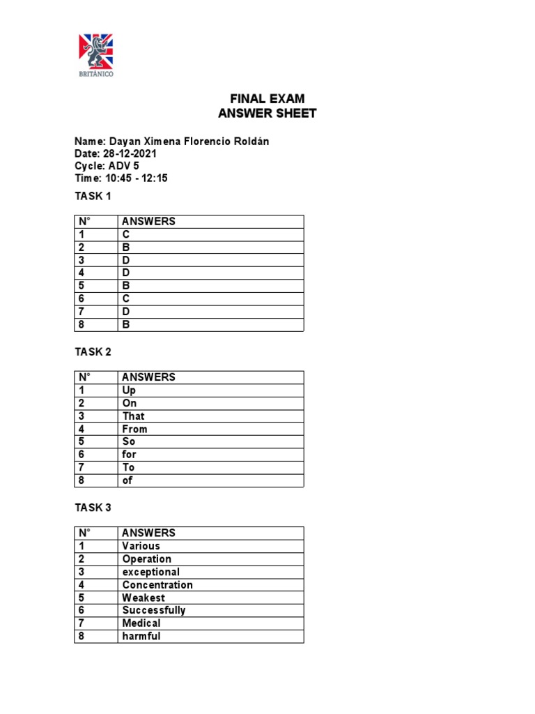 Final Exam Answer Sheet Review | PDF