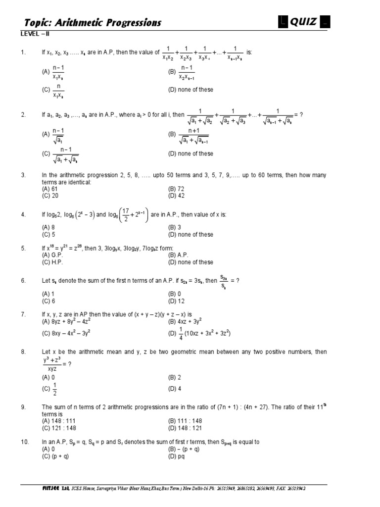 Advanced Arithmetic Progressions Quiz | PDF | Algebra | Mathematical ...